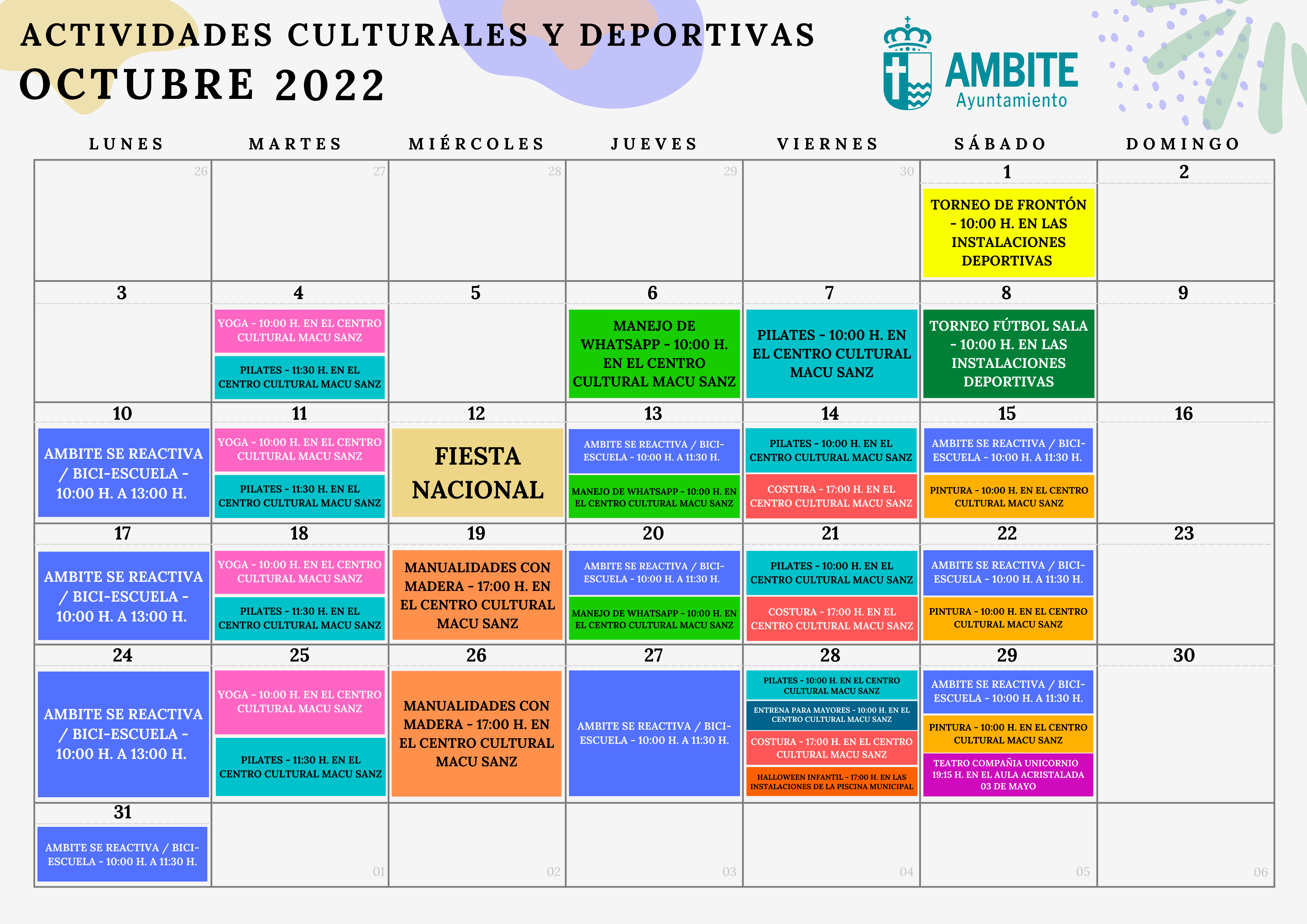 Calendario de las actividades Culturales y Deportivas del mes de...